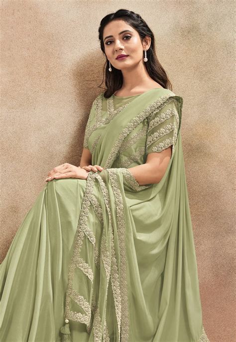 Pista Green Satin Silk Saree With Blouse 42010 Pista Green Satin Silk Saree With Blouse 42010