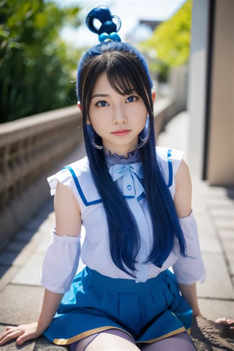 A Close Up Of A Woman In A Blue Dress Sitting On A Sidewalk Seaart Ai