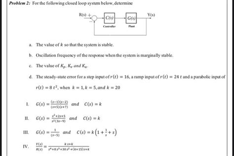 Solved Problem For The Following Closed Loop System Chegg