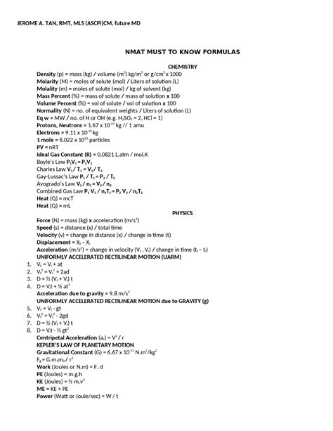 Formulas For Nmat Application Cheat Sheet Physics Docsity