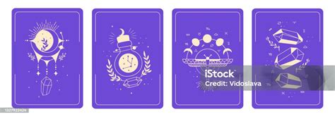 타로 카드 배너 전단지 포스터 브로셔 스티커에 대한 신비한 템플릿 세트 비도기호가 있는 카드 행성 별 달 의 위상과 결정의 실루엣 타로 카드에 대한 스톡 벡터 아트 및 기타
