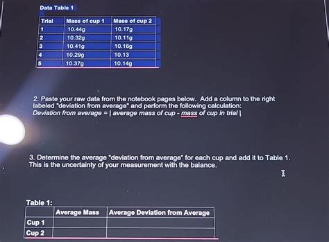 solved data table 1 2 paste your raw data from the notebook