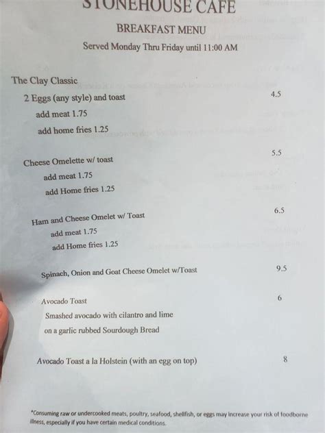 Menu At Stonehouse Cafe Ephrata Township