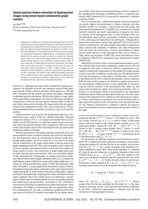 PDF Spatialspectral Feature Extraction Of Hyperspectral Images Using Tensorbased