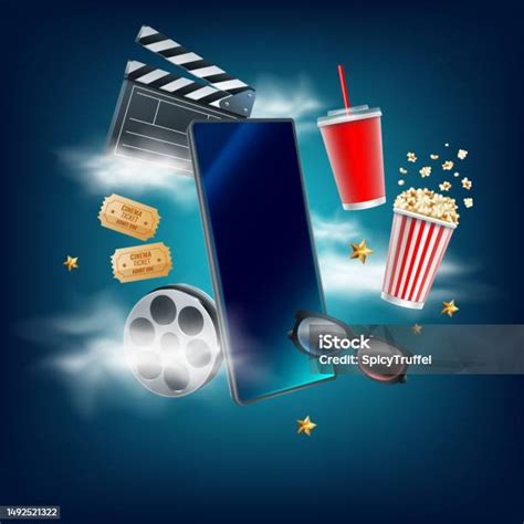 시네마 북 영화 영화 티켓 전화 극장 비행기 스마트폰의 온라인 판매 쿠폰 팝콘과 콜라 잔 사실적인 요소 엔터테인먼트 구성 벡터 그림 개념 영화에 대한 스톡 벡터 아트 및