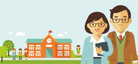 학교 건물 및 어린이 배경에 교사와 교육 개념 프리미엄 벡터