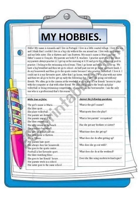 My Hobbies Reading Comprehension Esl Worksheet By Montseteacher