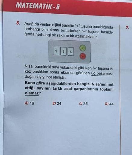 matematİk 8 5 aşağıda verilen dijital panelin tuşuna basıldığında