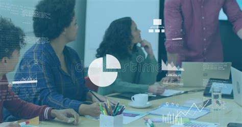 Animation Of Charts Processing Data Over Colleagues At Casual Office Meeting Stock Footage