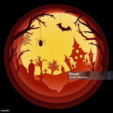 종이 예술 유령의 집 무덤 죽은 나무 가지 묘지와 할로윈 배경 현대 종이 잘라 할로윈 파티 스타일 전단지 나 초대장 서식 파일 노란 빛 램프 10월에 대한 스톡 벡터 아트