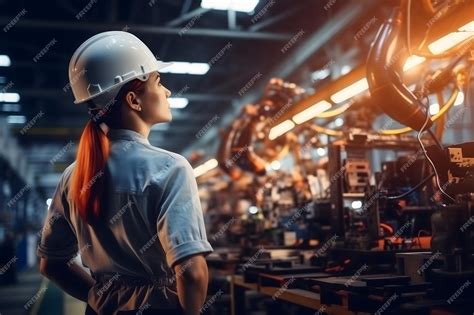 Premium Ai Image Rear View Of A Factory Female Worker Monitoring An Assembly Line In A Industry
