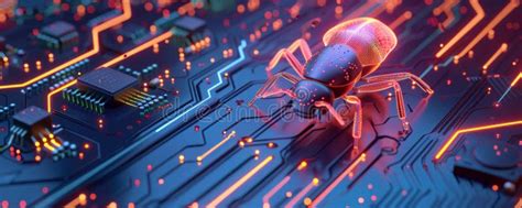 A 3d Model Of A Computer Chip With A Glowing Neon Bug Lurking Within
