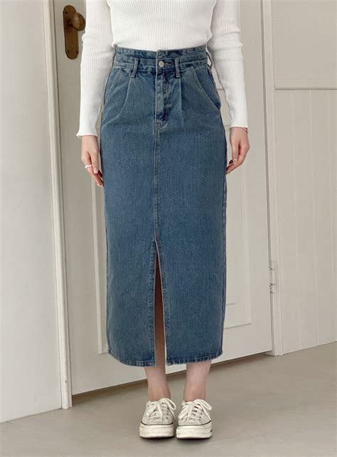 엔더쥬 S~2xl 앞트임 하이웨스트 롱 청스커트 가을치마가을롱치마앞트임스커트대학생룩가을옷청치마빅사이즈66하비오피스룩간절기치마롱치마청치마수학여행