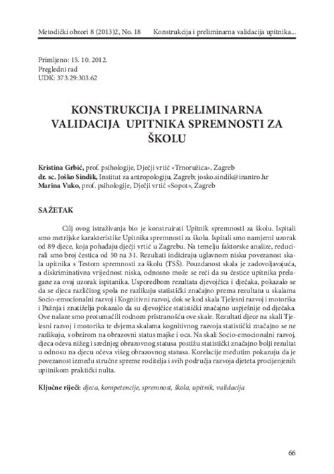 Pdf Construction And Preliminary Validation Questionnaire For School Readiness