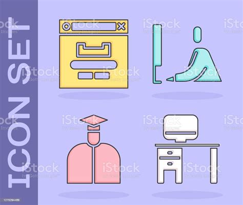 랩톱 아이콘에서 작업하는 컴퓨터 모니터 및 책상 브라우저 창 학생 및 학생을 설정합니다 벡터 가공의 인물에 대한 스톡 벡터 아트 및 기타 이미지 Istock