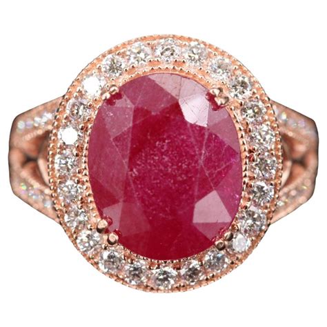 Customizable 6 2 Carat Halo Ruby Rose Gold Wedding Band Art Deco Ruby Diamond Cocktail Ring For