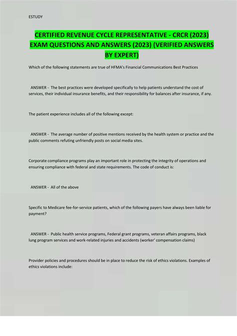 CERTIFIED REVENUE CYCLE REPRESENTATIVE CRCR EXAM QUESTIONS AND ANSWERS VERIFIED