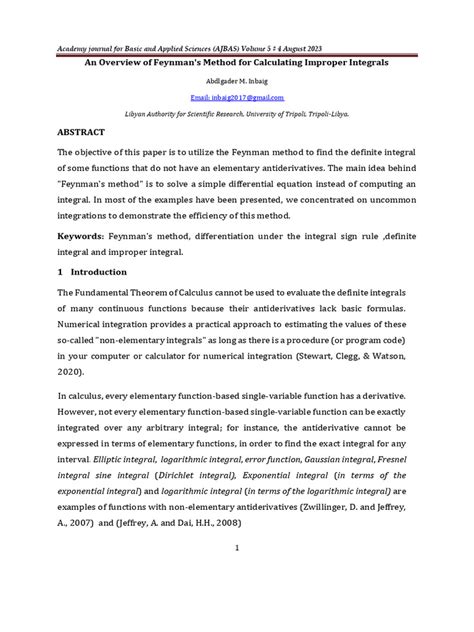 An Overview Of Feynmans Method For Calculating Improper Integrals 10 08 2023 Pdf Integral