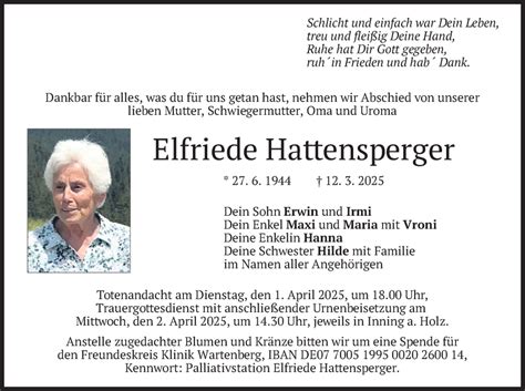 Traueranzeigen Von Elfriede Hattensperger Trauer Merkur De