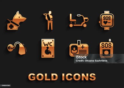 장애인용 분리된 화장실 스마트 워치 Sos 버튼 식별 배지 보청기 전동 휠체어 가이드 견 인간 부러진 팔 아이콘을 누릅니다 벡터 건강 진단에 대한 스톡 벡터 아트 및 기타