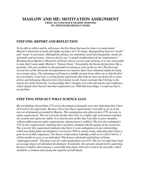 Motivation Assignment Maslow And Me Motivation Assignment From