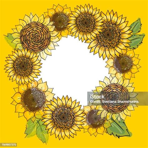 손으로 그린 해바라기 둥근 프레임화환 소박한 꽃 배경입니다 수채화 스타일의 벡터 식물 그림입니다 농업 또는 수확 농업 또는 비건 테마 0명에 대한 스톡 벡터 아트 및 기타