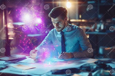 Young Professional Engages With Virtual Assistant Hologram In Modern