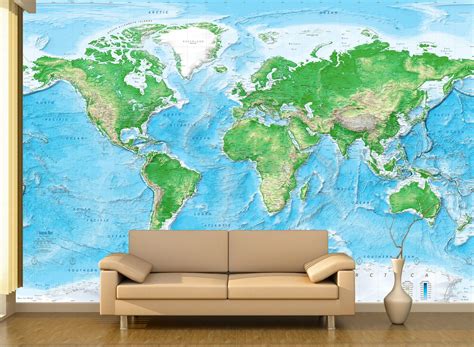 Physical World Map Mural World Map Wallpaper Giant World Map Removable Wallpaper Huge Peel