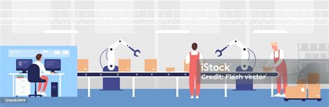 창고 로딩 컨베이어 벡터 일러스트레이션 만화 플랫 작업자 작업 로봇 팔 장비 도움말 창고 공정 배경로드 라인 박스 공장 산업 건물에 대한 스톡 벡터 아트 및 기타 이미지