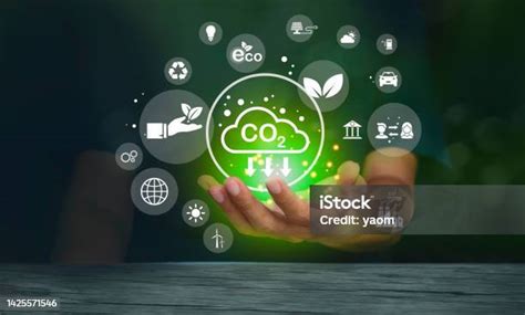 Co2 배출 감소 자연 환경 기후 중립적 인 장기 전략 온실 가스 배출 목표 핸드 캡 배경에 녹색 그물 센터 아이콘이 있습니다