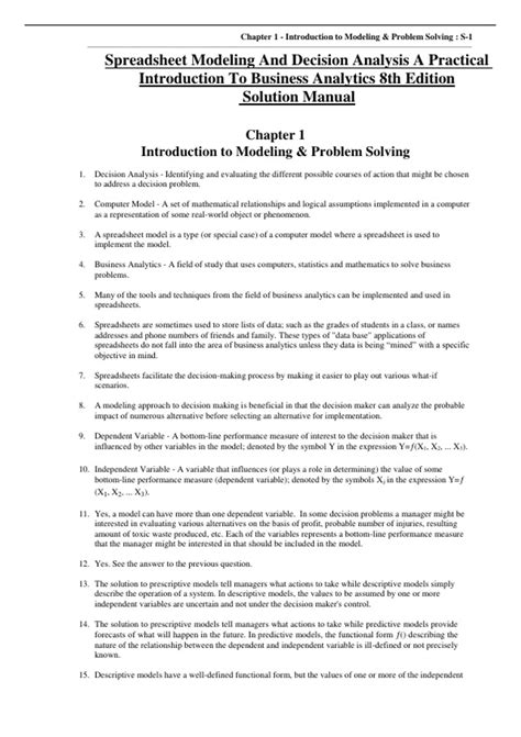 complete solution manual spreadsheet modeling and decision analysis a