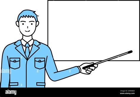 Simple Line Drawing Of A Man In Work Clothes Pointing At A Whiteboard With An Indicator Stick