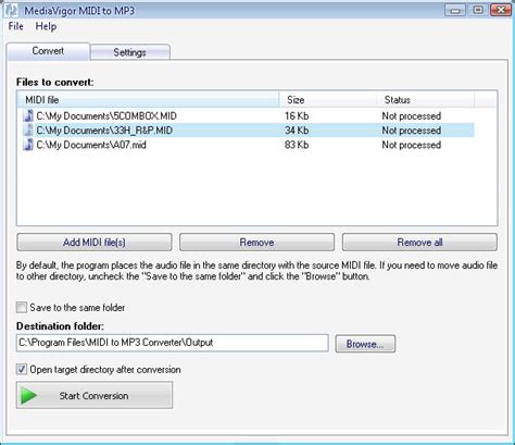 MIDI To MP3 Converter Main Window MediaVigor Software MIDI To MP3 Converter Quickly And