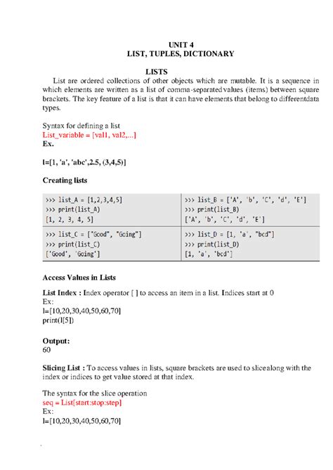 Unit 4 Unit 4 Notes ` Unit 4 List Tuples Dictionary Lists List