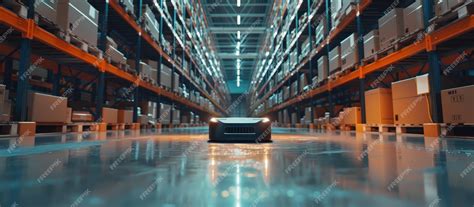 Autonomous Robot Navigating A Modern Warehouse With High Shelves Filled With Cardboard Boxes