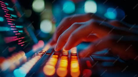 Closeup Of Programmer Typing Code On Keyboard Bright Lines Of Code On Screen Premium Ai