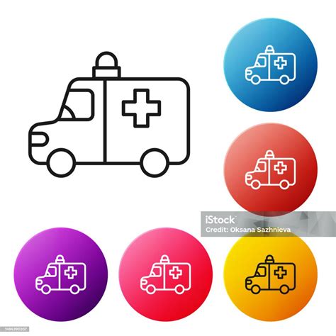 검은 선 구급차와 응급 차량 아이콘은 흰색 배경에 분리되어 있습니다 구급차 의료 후송 아이콘 다채로운 원형 버튼을 설정합니다