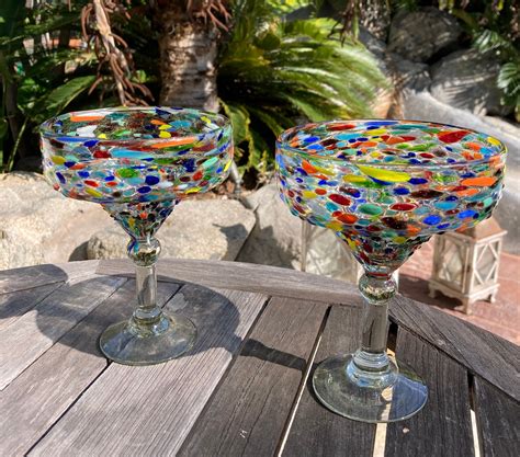 Hand Blown Margarita Glass Rainbow Graniti Blue Dorado Design