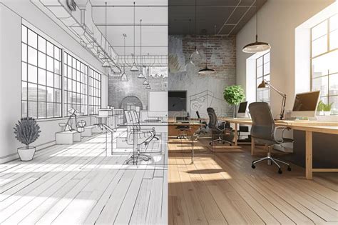 Modern Office Transition From Technical Drawing Blueprint To Reality