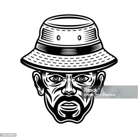 흰색 배경에 고립 된 흑백 빈티지 스타일의 강모 벡터 캐릭터 일러스트와 버킷 모자에 어부 T 셔츠에 대한 스톡 벡터 아트 및