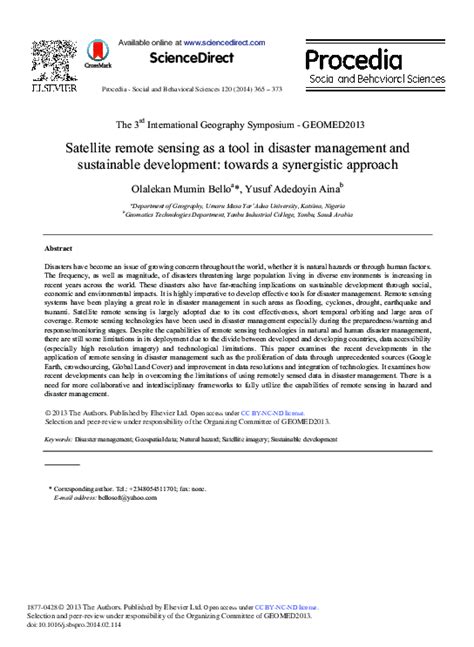 Pdf Satellite Remote Sensing As A Tool In Disaster Management And Sustainable Development