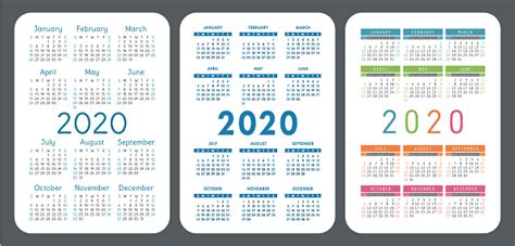 포켓 캘린더 세트 2020년 벡터 디자인 컬렉션입니다 컬러 잉글리시 캘린더 인쇄를 위한 기본 그리드 템플릿입니다 주 시작 일 0