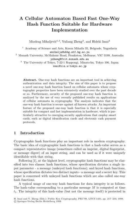 Pdf A Cellular Automaton Based Fast One Way Hash Function Suitable
