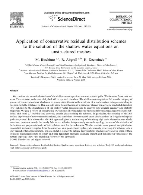 Pdf Application Of Conservative Residual Distribution Schemes To The Solution Of The Shallow