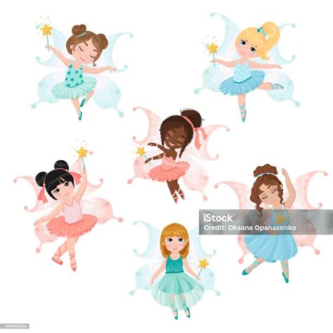 세 여자 요정의 세트 귀여운 작은 요정 날개가 달린 요정 의상을 입은 발레리나 마법의 생물 흰색 배경에서 격리된 벡터 그림입니다 공주에 대한 스톡 벡터 아트 및 기타 이미지