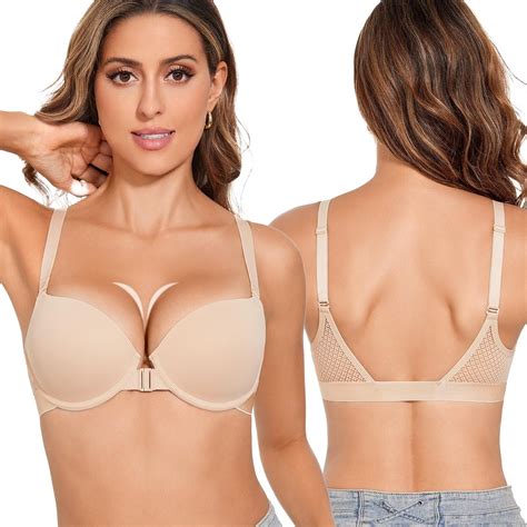 Push Up Front Closure Bras For Women Padded Add 2 Cups Plunge T Shirt Everyday Bra Underwire
