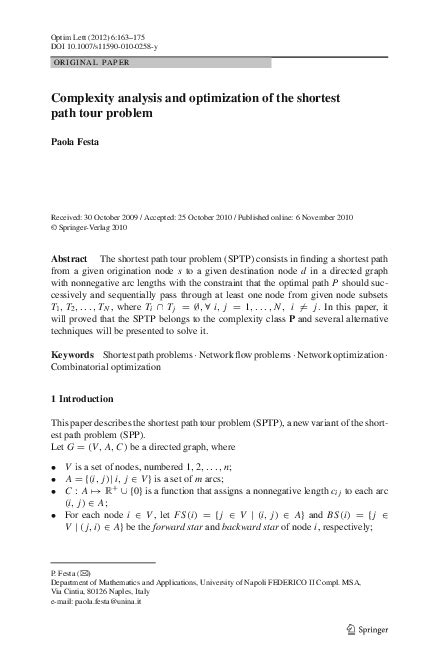 Pdf Complexity Analysis And Optimization Of The Shortest Path Tour