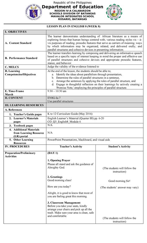 Parallelism This Lesson Plan Helps To The English Major Department Of Education Region Iv A