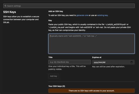 gitlab 初期設定 ssh priv pub key の作成、 ssh config とサイトへの各鍵の登録、接続と push の
