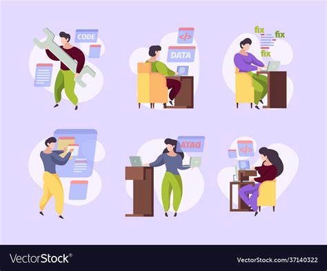 Qa Characters Testing App Programmers Working Vector Image